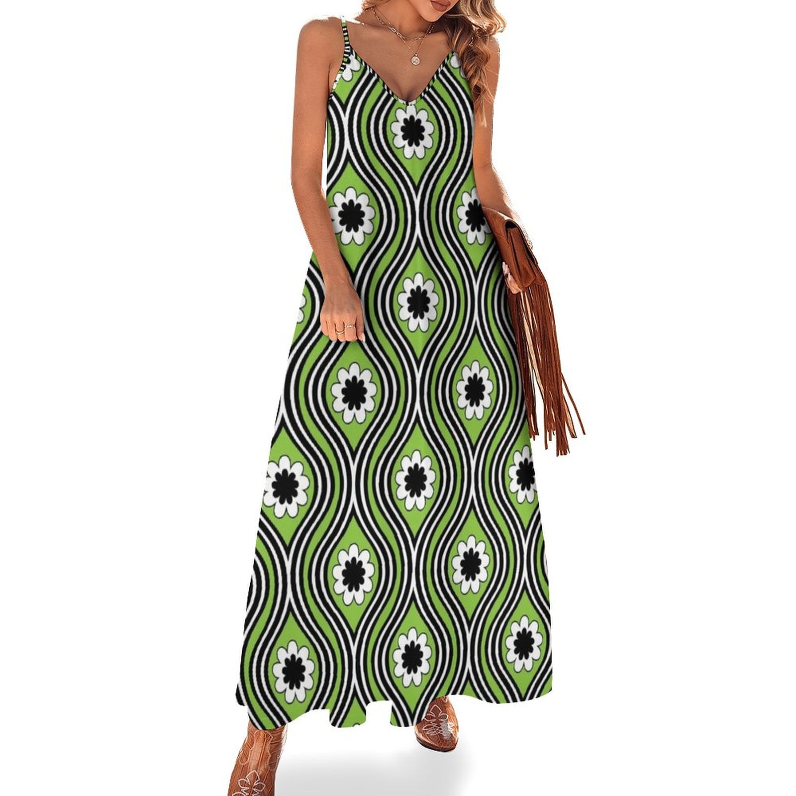 1960s Retro Funky Floral Green Flower Power Hippie Sleeveless Dress ...