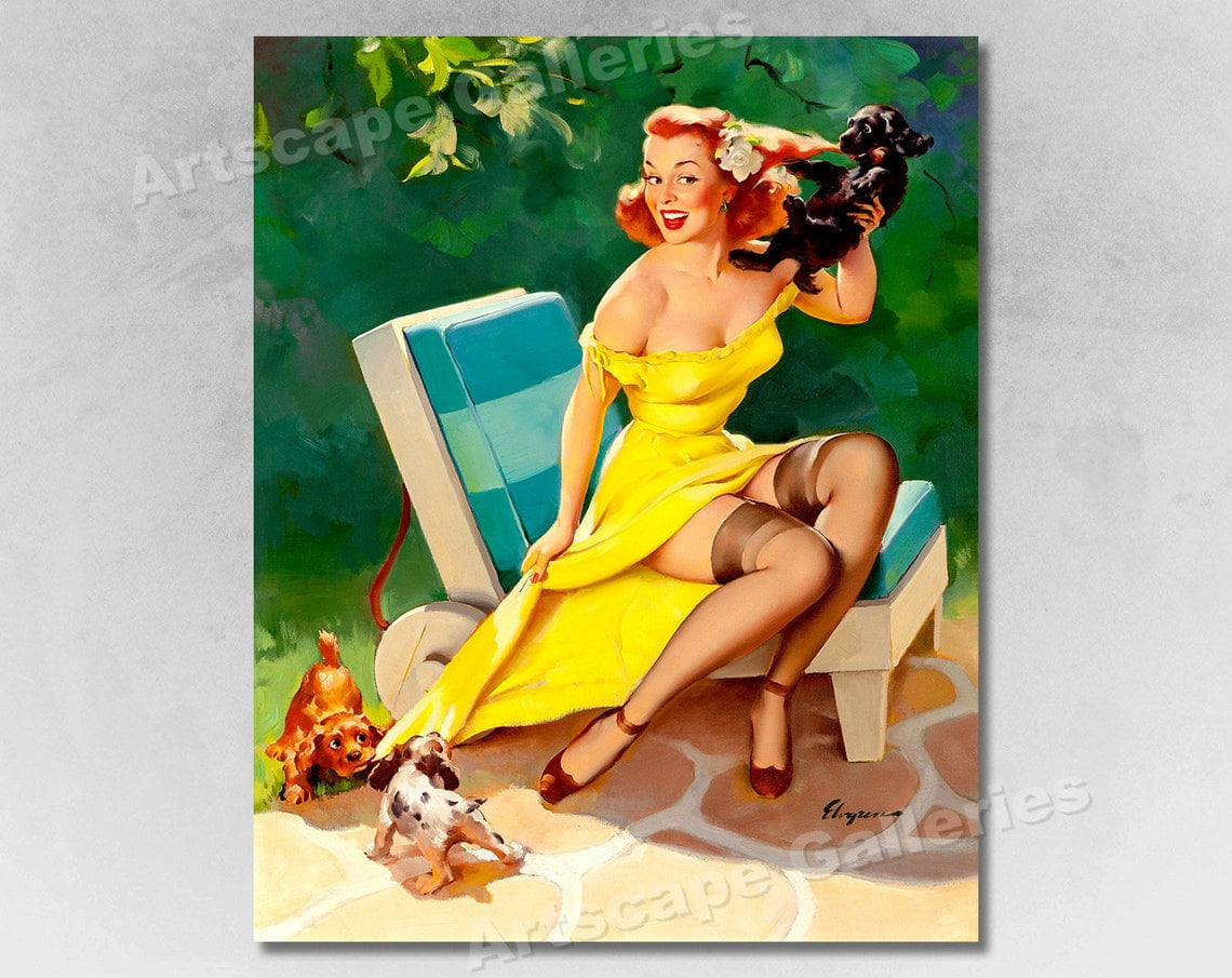 1962 Elvgren Pin Up Hold Everything Dog Puppy, Stretched Canvas ...