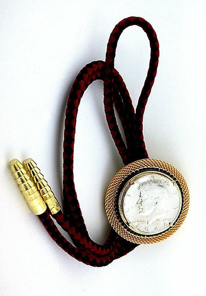 1964 JFK KENNEDY SILVER HALF DOLLAR GOLD MESH BOLO TIE WITH CORD TIPS ...