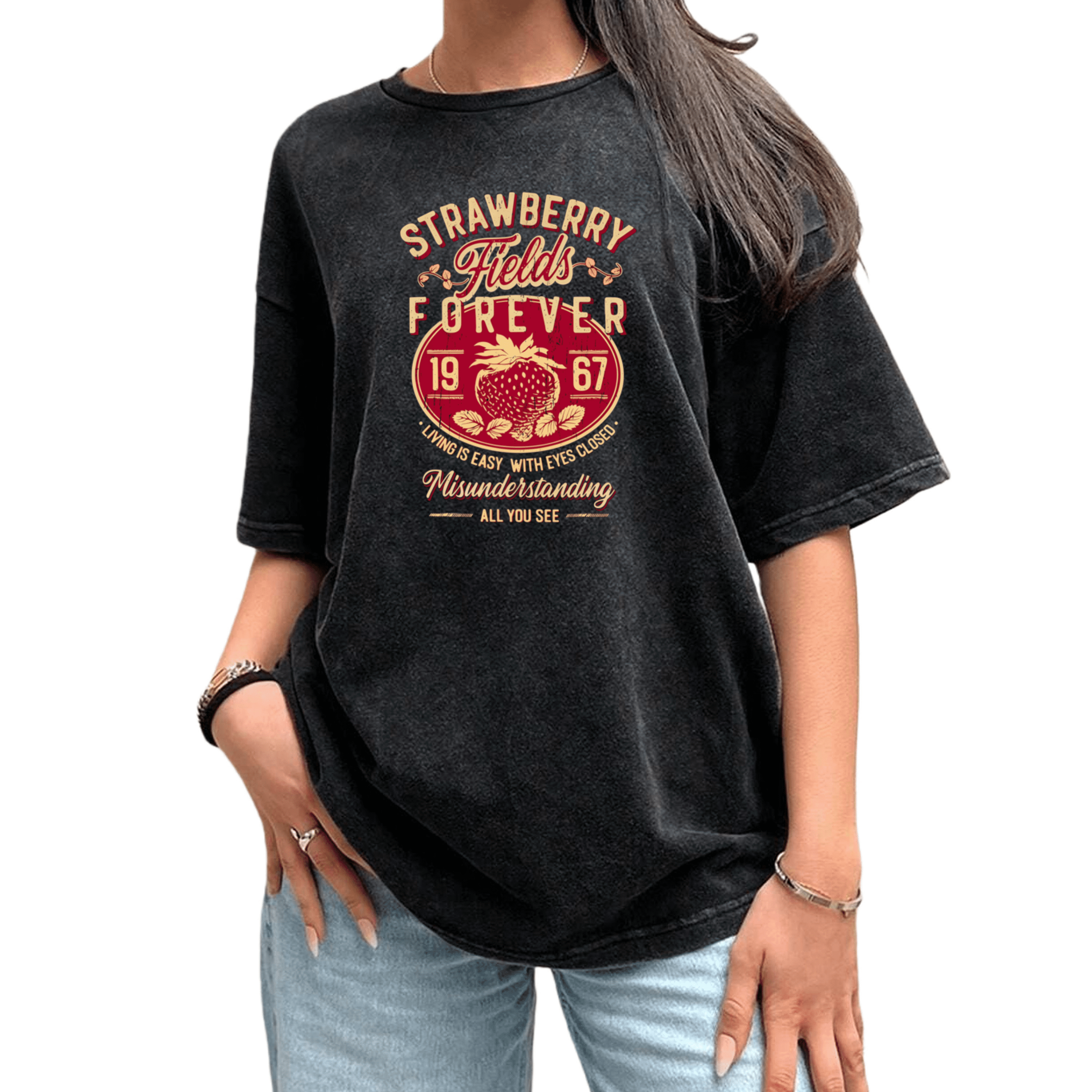 1967 Strawberry Fields Lyric Graphic Tees Washed Black S-2XL Retro Rock ...
