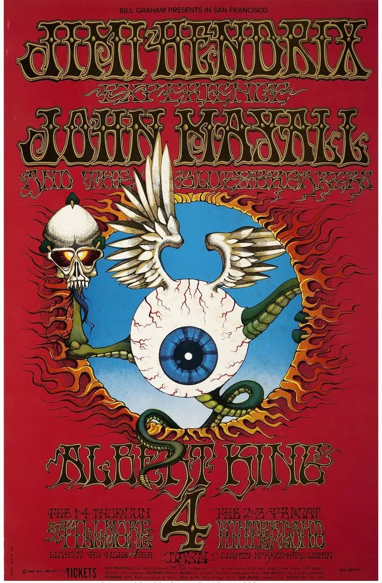 1968 Jimi Hendrix Concert poster Wall Art re -Print John Mayall es 24 x ...