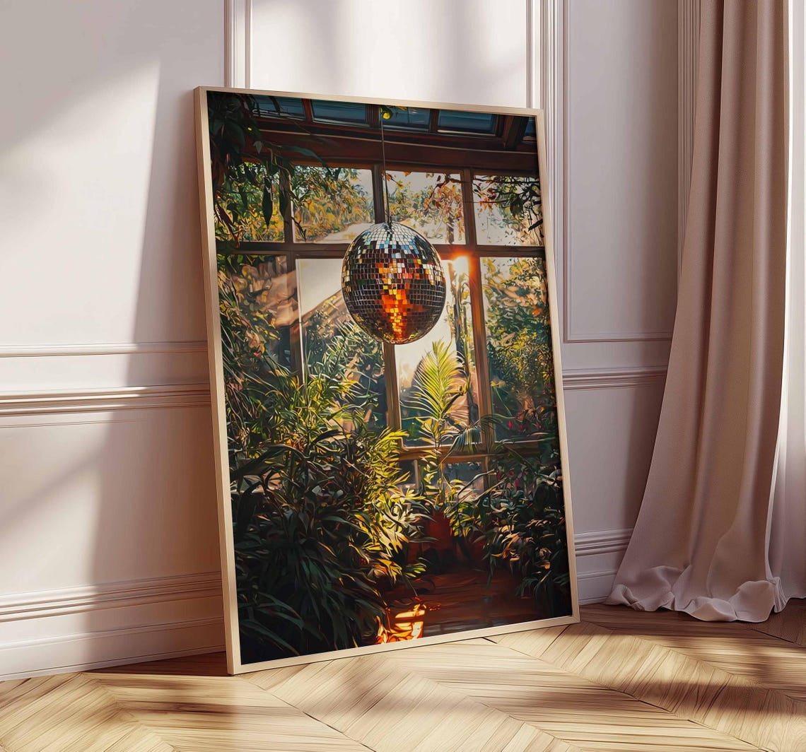 1970'S Interior Disco Ball Greenhouse Art Print, Tropical Decor, Disco ...