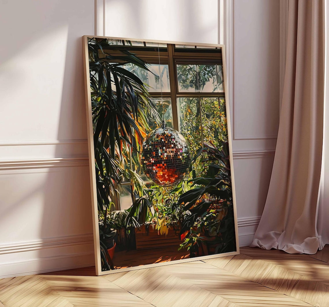 1970'S Interior Disco Ball Greenhouse Art Print, Tropical Decor, Disco ...