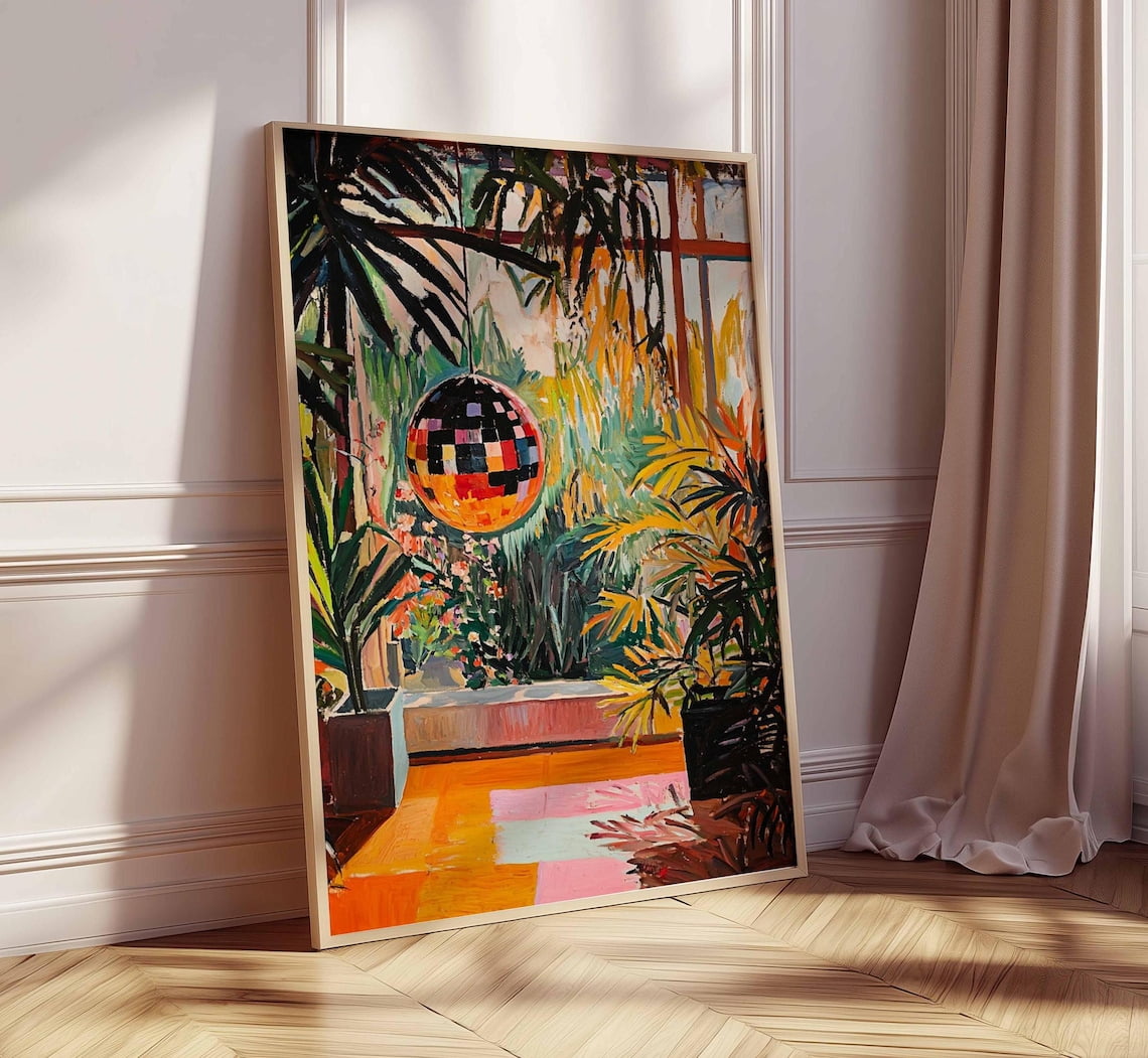 1970'S Interior Disco Ball Greenhouse Art Print, Tropical Decor, Disco Ball Print, 70S Style ...