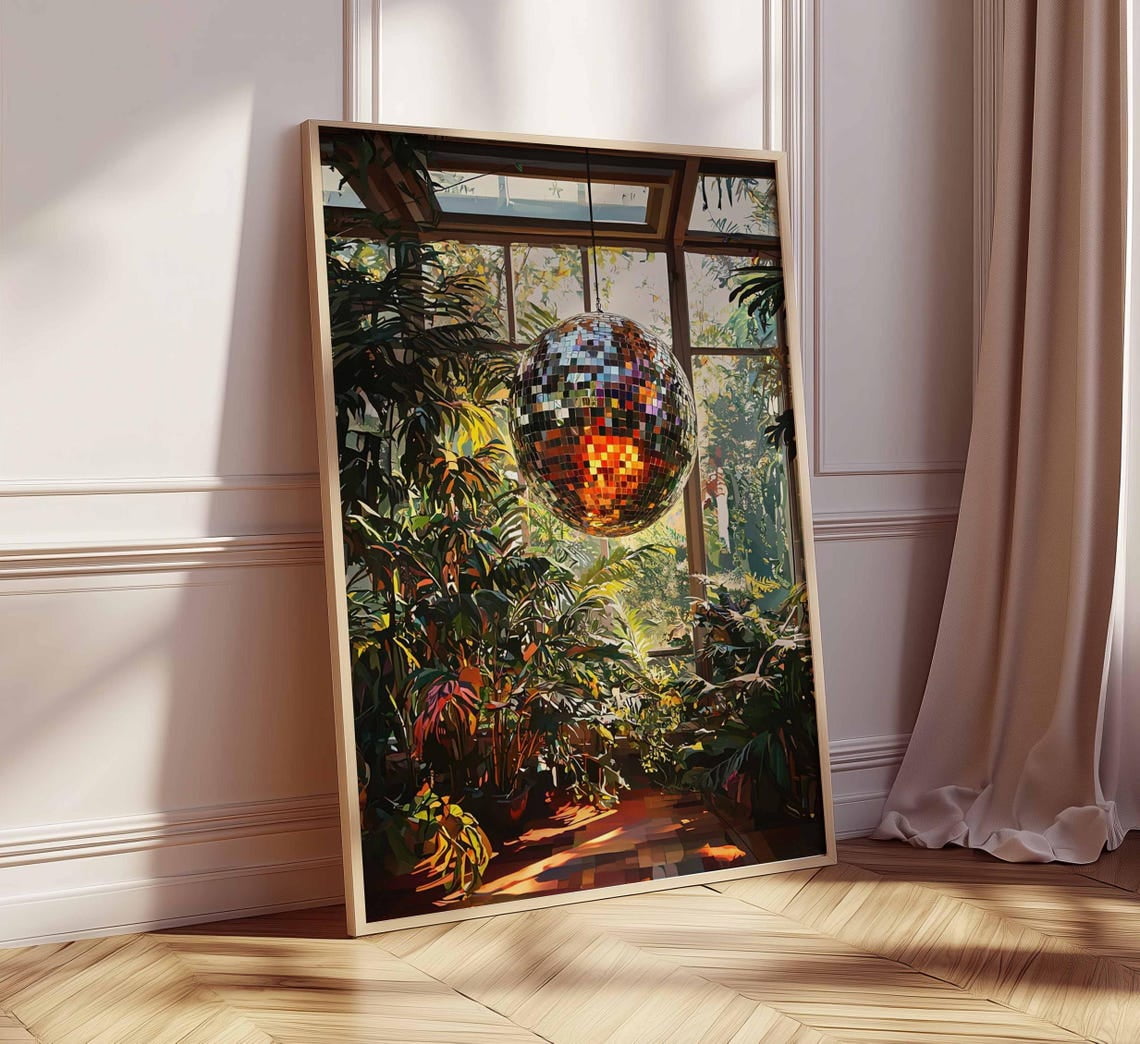 1970'S Interior Disco Ball Greenhouse Art Print, Tropical Decor, Disco Ball Print, 70S Style ...