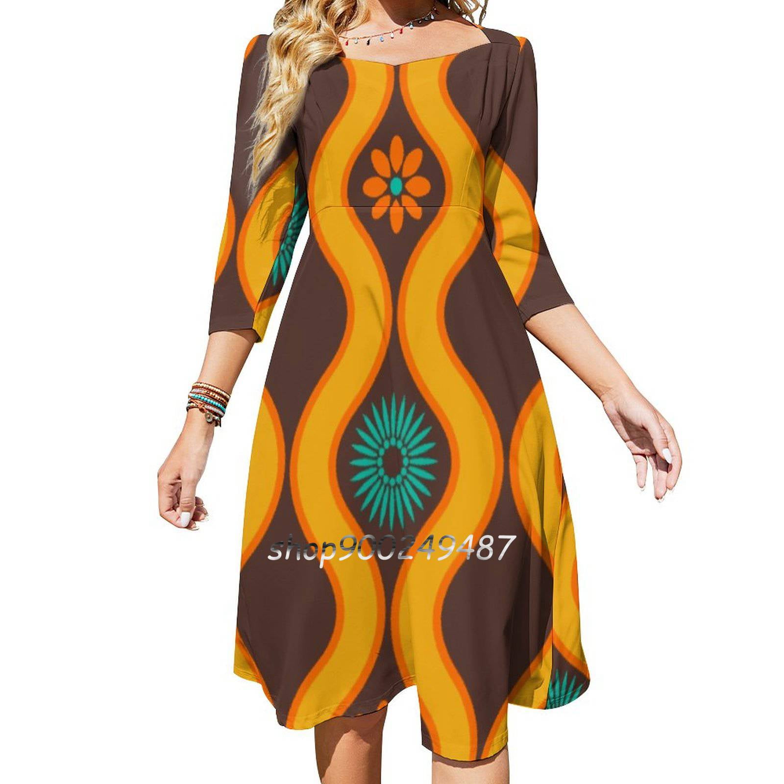 1970'S Retro Vintage Seventies Floral Flowers Pattern Flare Dress ...