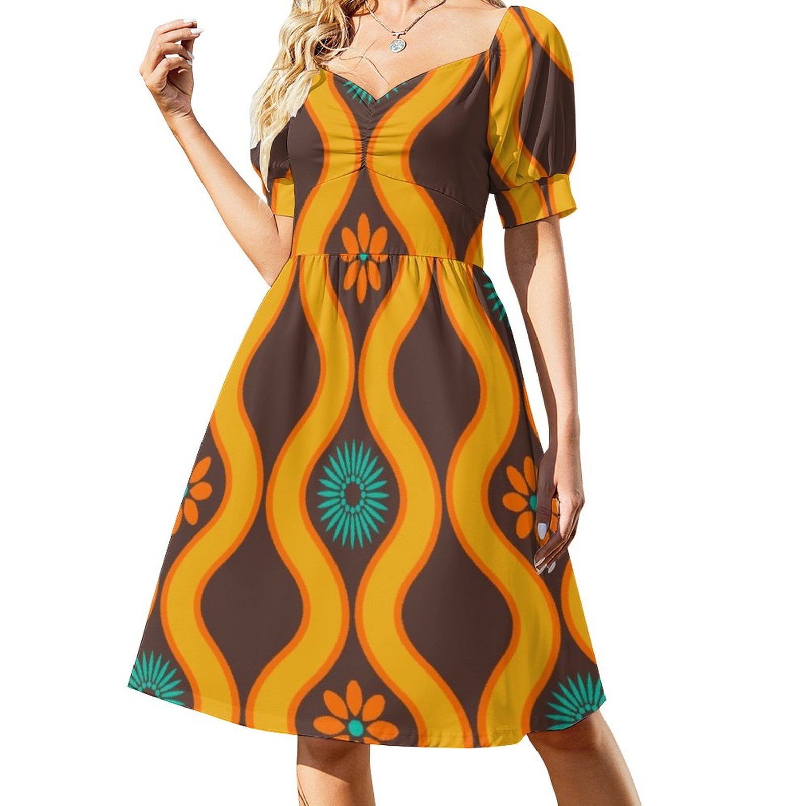 1970's Retro Vintage Seventies Floral Flowers Pattern Dress Women's ...