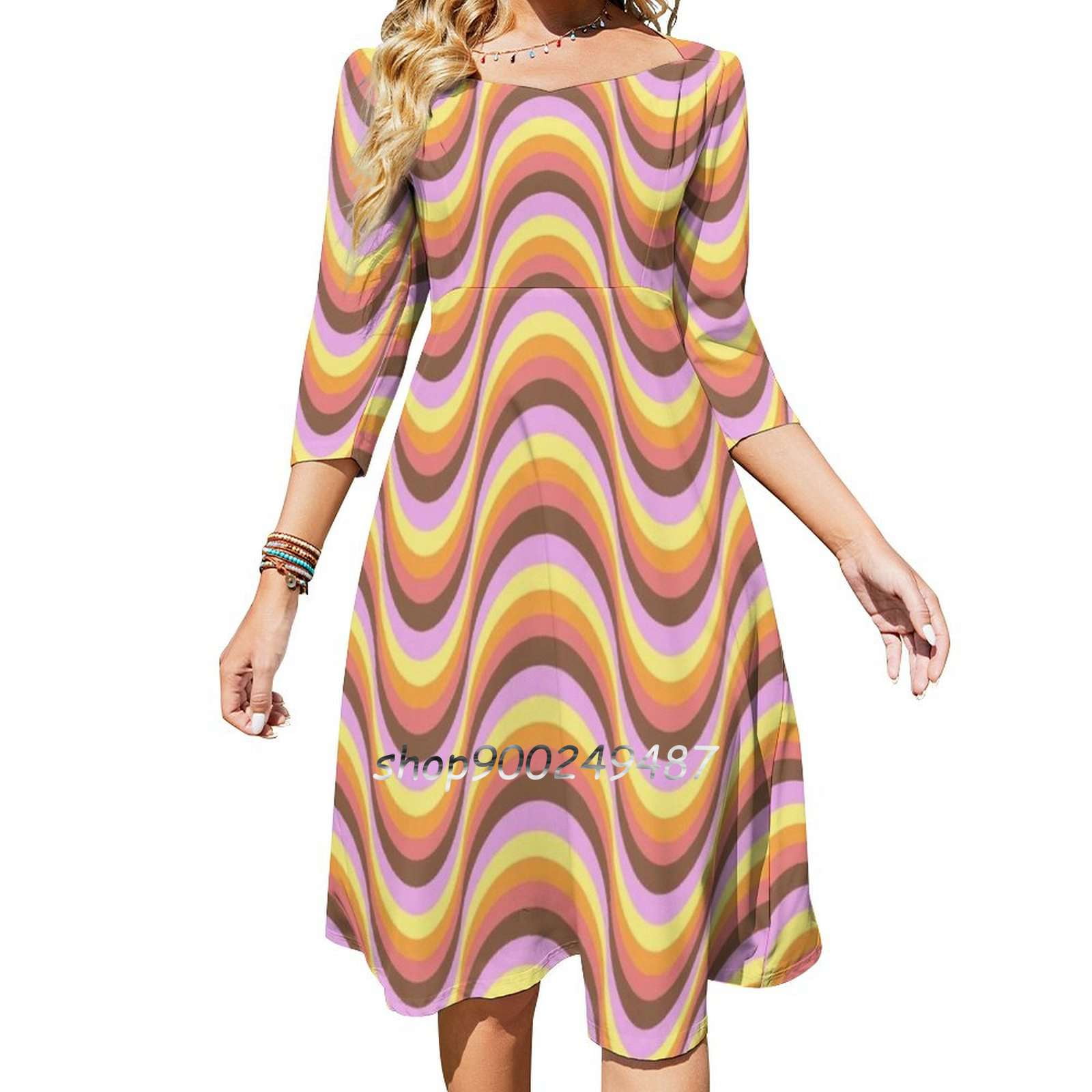 1970S Trippy Pattern Square Neck Dress New Plus Size Elegant Women ...