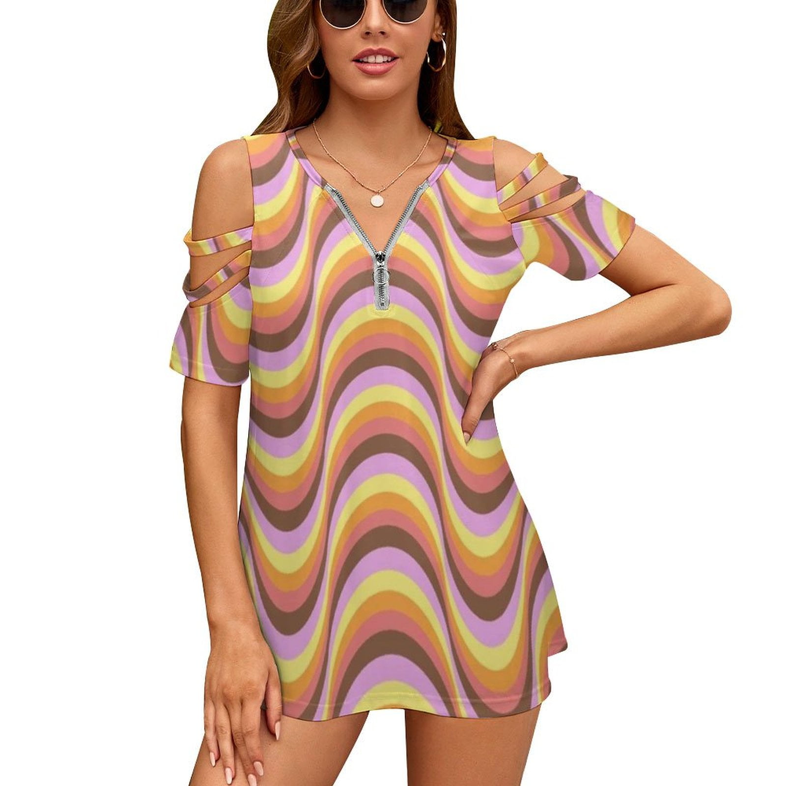 1970s Trippy Pattern Womens T Shirt New Fashion Printed Zipper V Neck