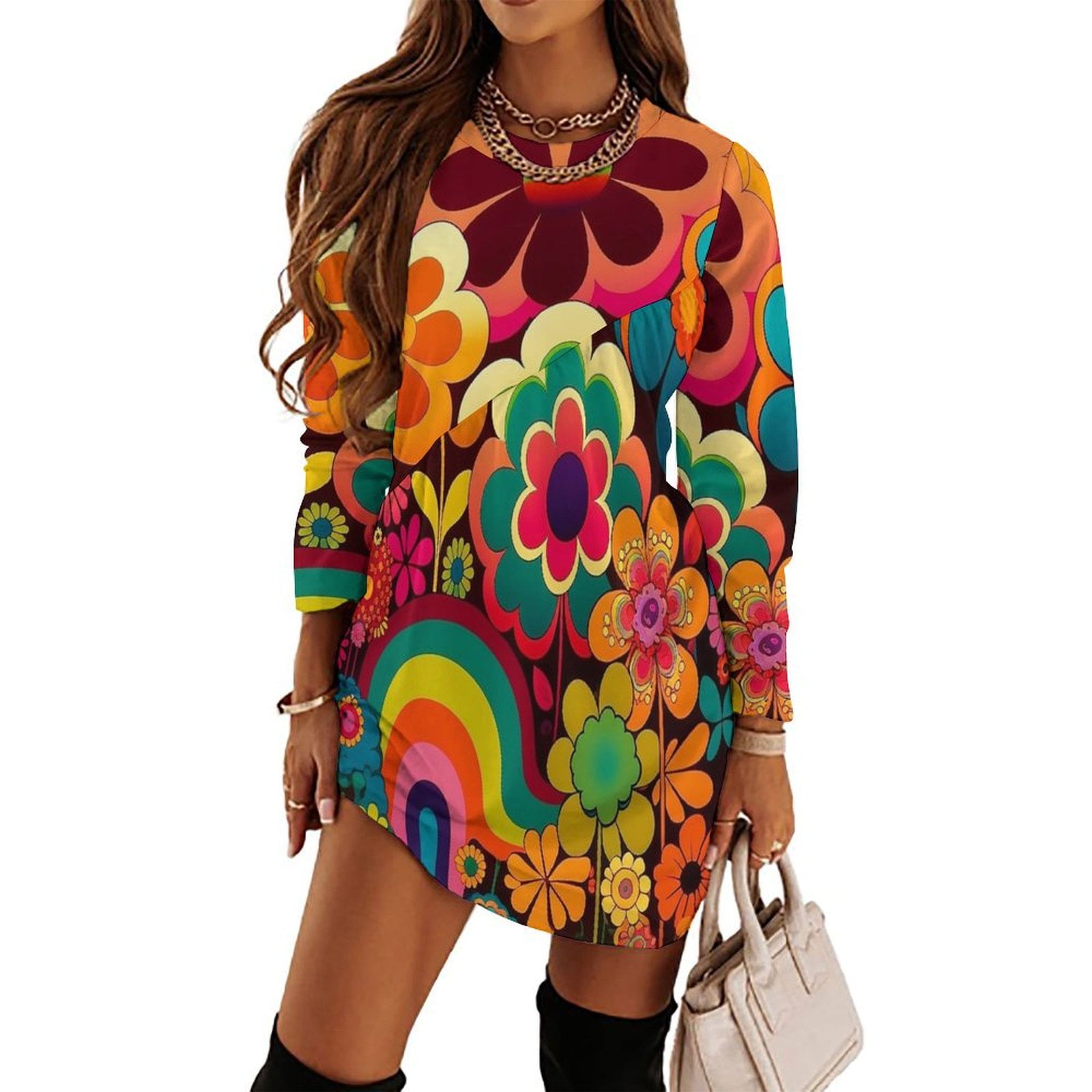 1970s Flower Art Design Long Sleeved Dress Long dress luxury woman ...