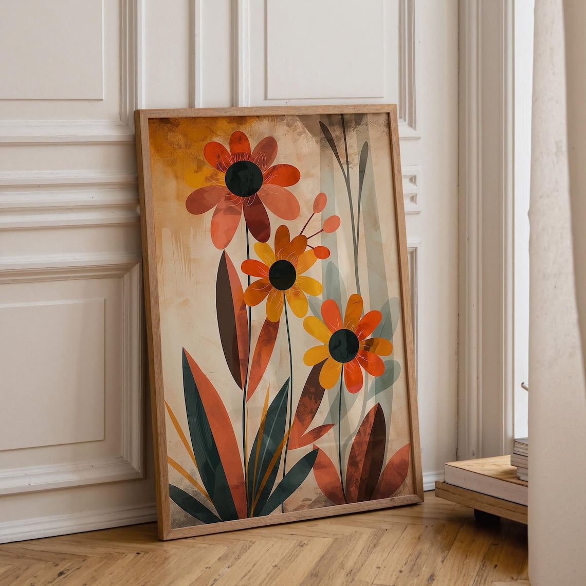 1970s Retro Floral Mid Century Modern Botanical Earth Tone Boho Flower ...