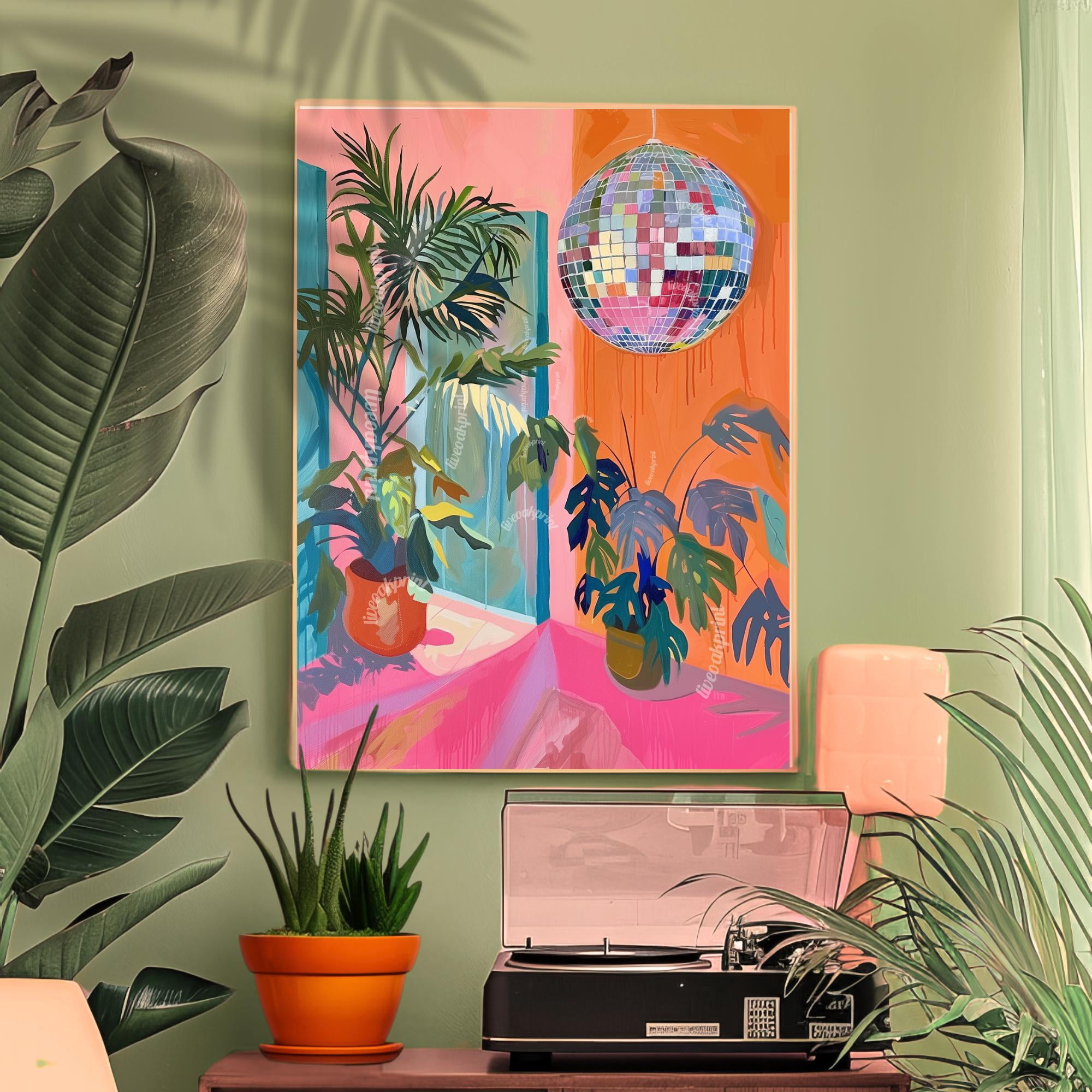 1970s Retro Inspired Disco Interior Print, Disco Living Room Print Pink ...
