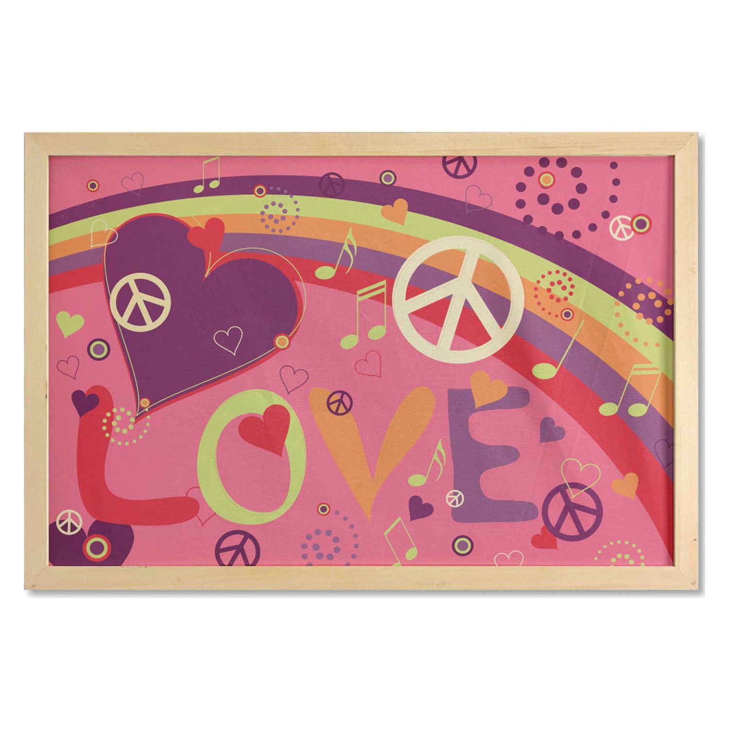 1970s Wall Art with Frame, Love Peace and Hearts on Pale Pink ...