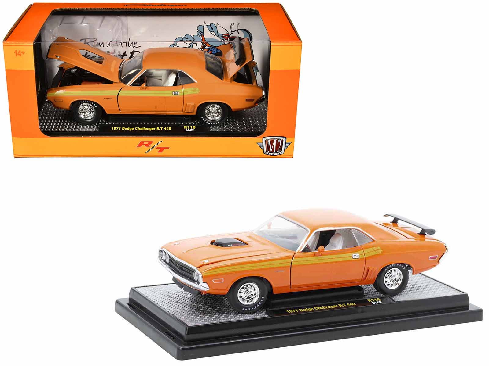 1971 Dodge Challenger R/T 440 Orange with Yellow Stripes and 1971 Dodge Challenger R/T 440 Orange with Yellow Stripes and