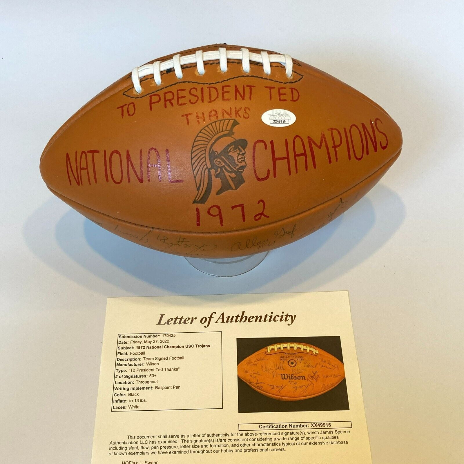 1972 USC Trojans NCAA National Champions Team Signed Football JSA COA ...