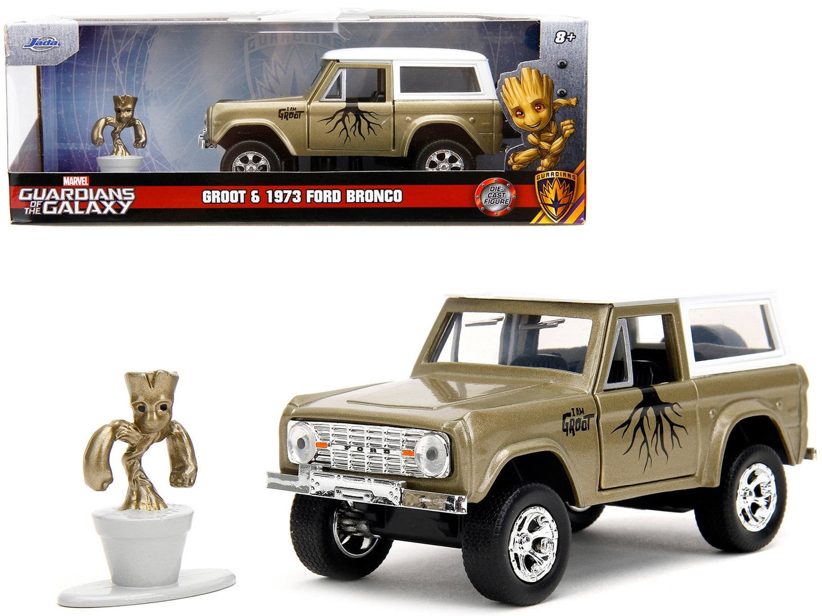 1973 Ford Bronco Gold Metallic with White Top and Groot Diecast Figure ...