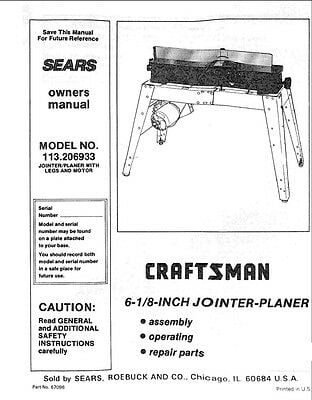 1975 Craftsman 113.206933 6-1/8" Jointer-Planer Instructions and Parts ...