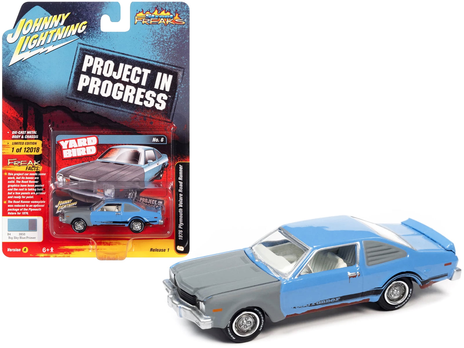 1976 Plymouth Volare Road Runner Big Sky Blue and Primer Gray with Black Stripes and White ...