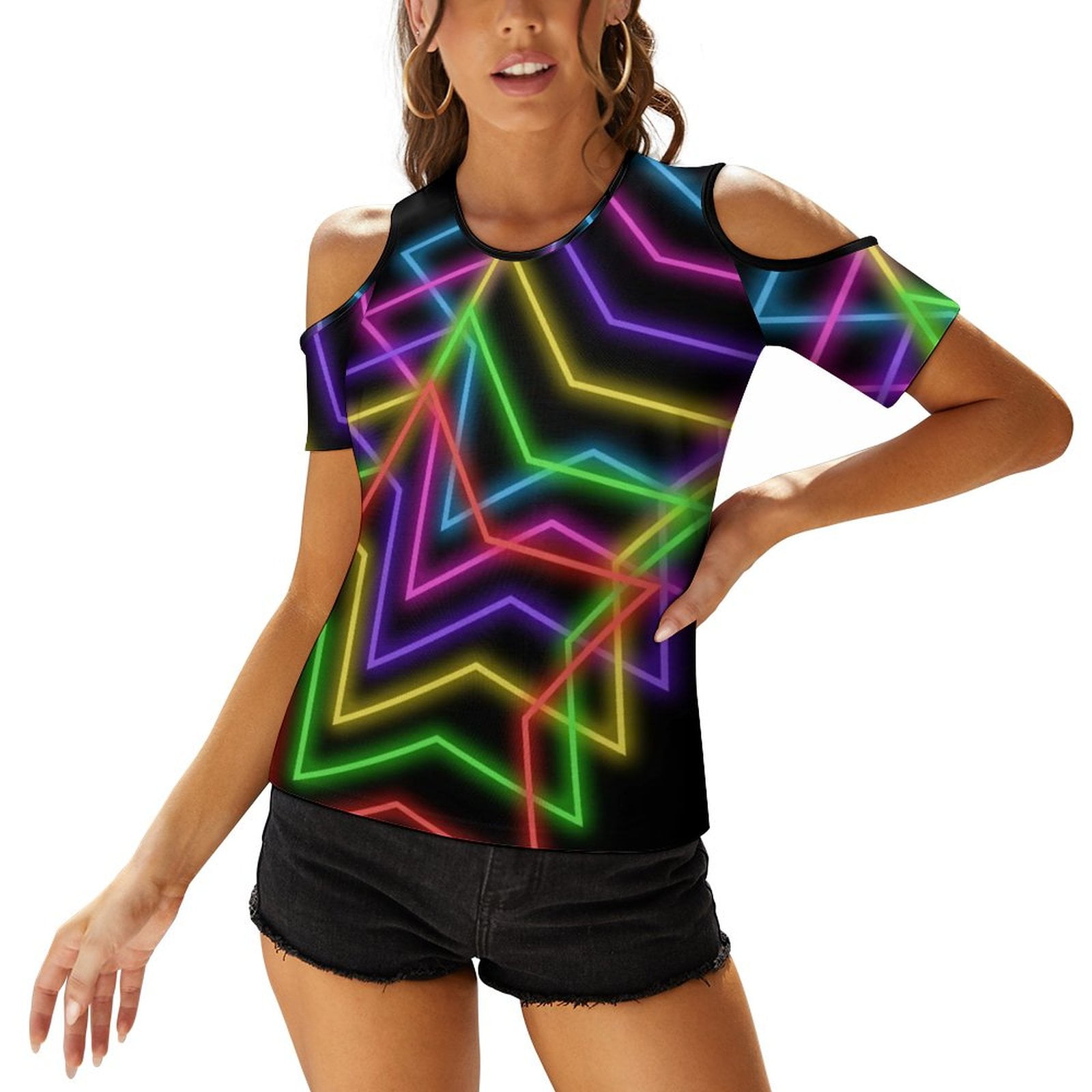 1980S Neon Glowing Stars Single Image Version Women'S T-Shirt Summer ...