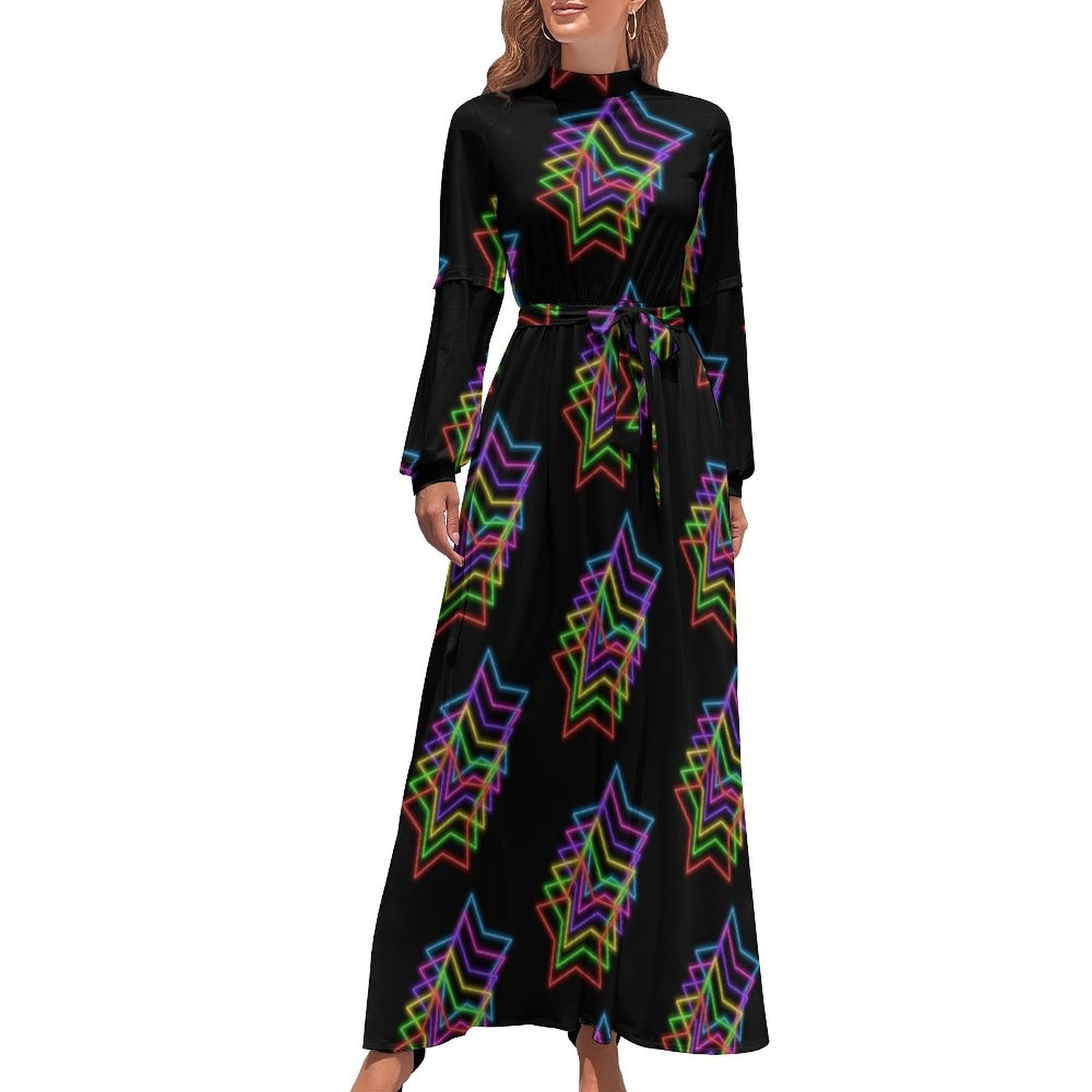 1980s Neon Glowing Stars Large Size Repeating Pattern Long Dress long ...