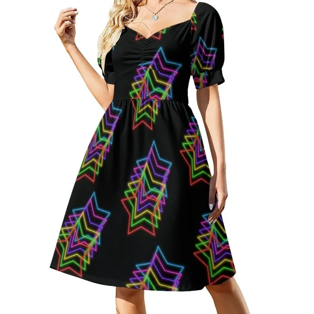 1980s Neon Glowing Stars Large Size Repeating Pattern Short-Sleeved ...