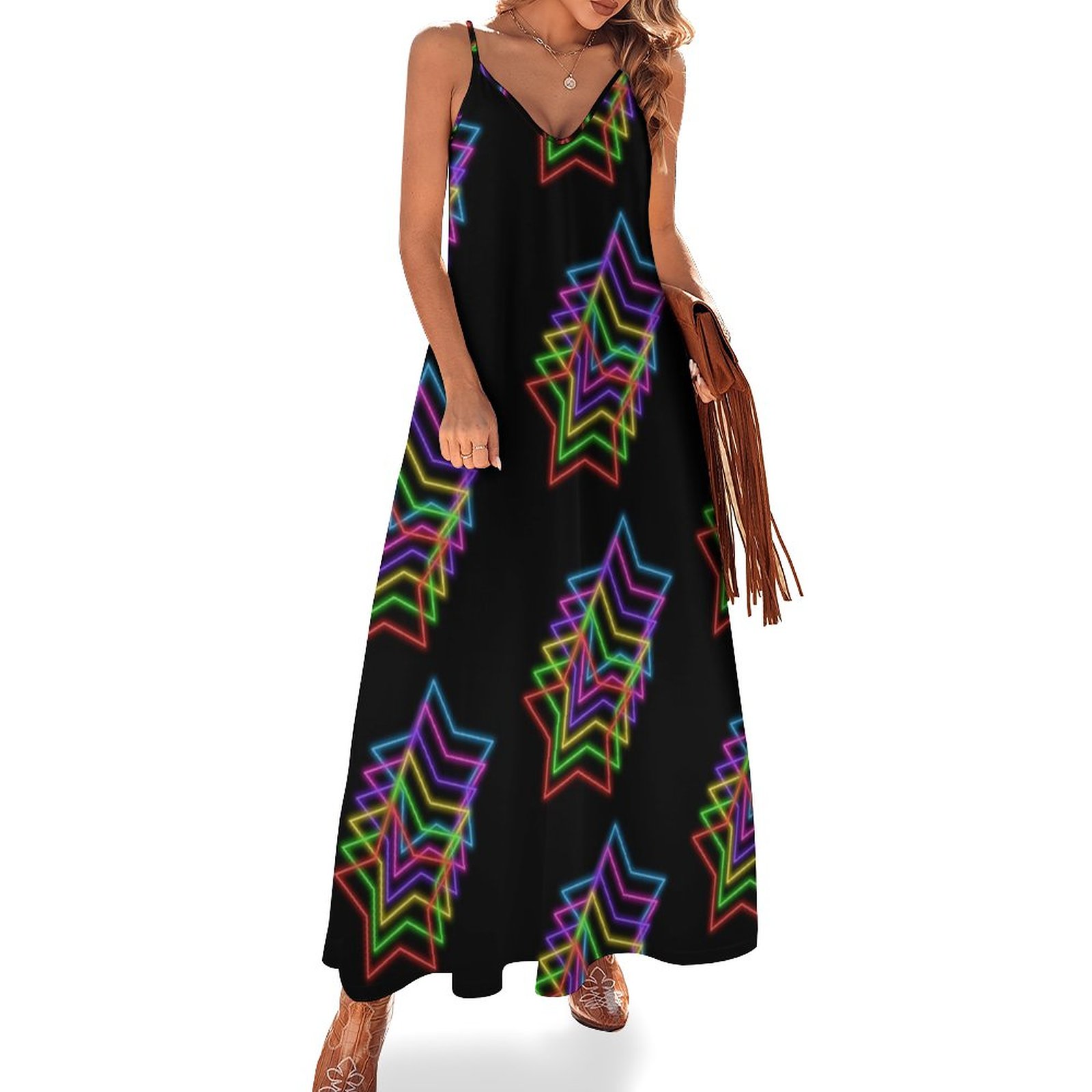 1980s Neon Glowing Stars Large Size Repeating Pattern Sleeveless Dress ...