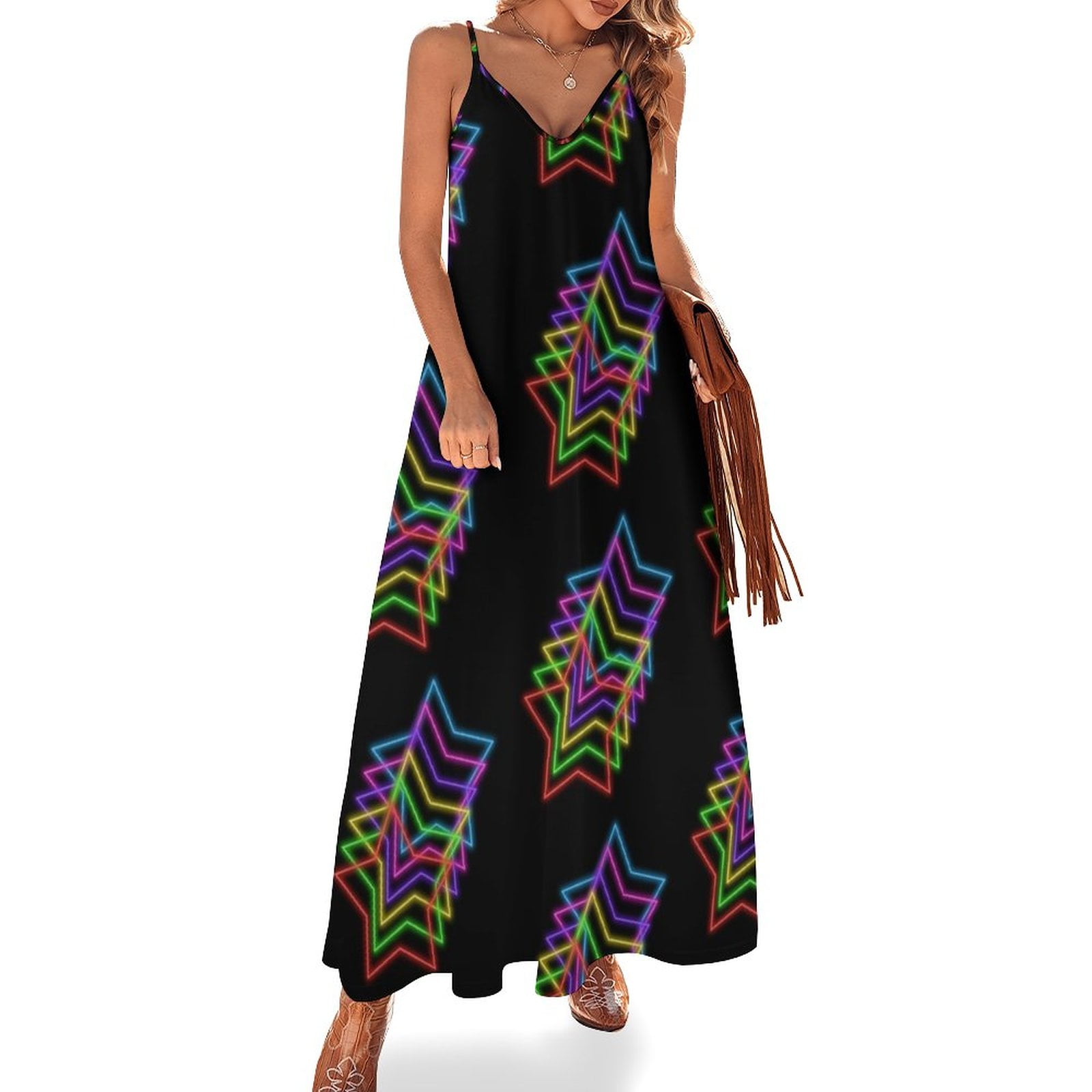 1980s Neon Glowing Stars Large Size Repeating Pattern Sleeveless Dress ...