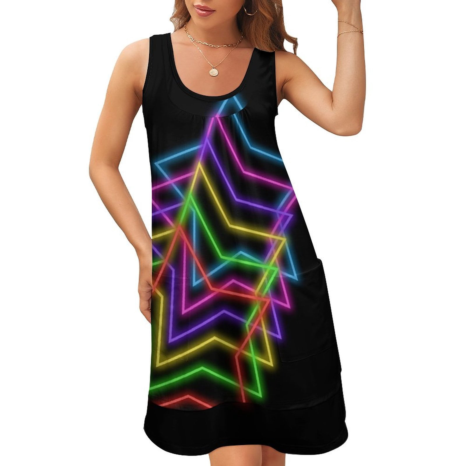 1980s Neon Glowing Stars Single Image Version Sleeveless U-Neck Fake ...