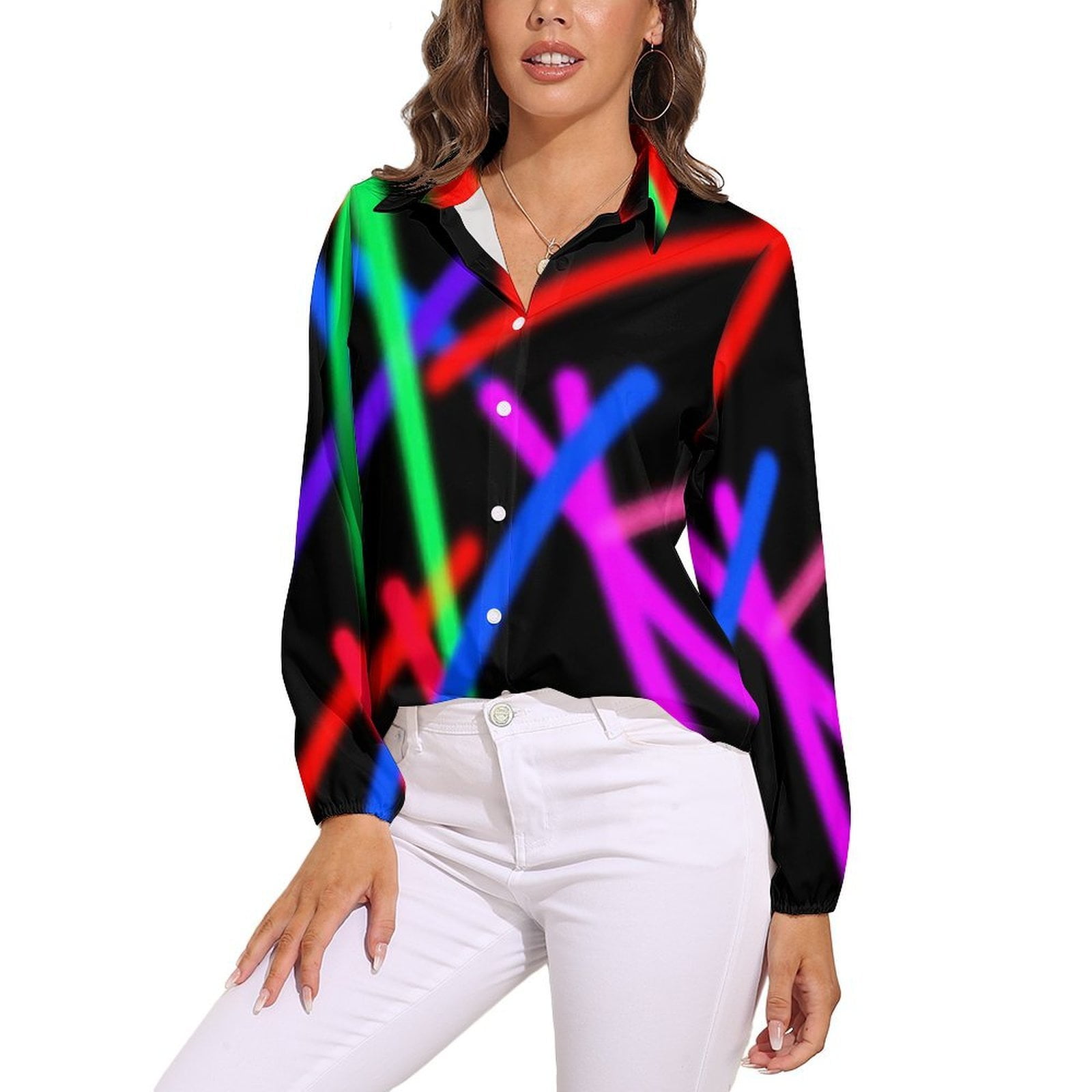 1980s Rainbow Neon Glowing Laser Beams 2 Long Sleeve Blouse Woman ...