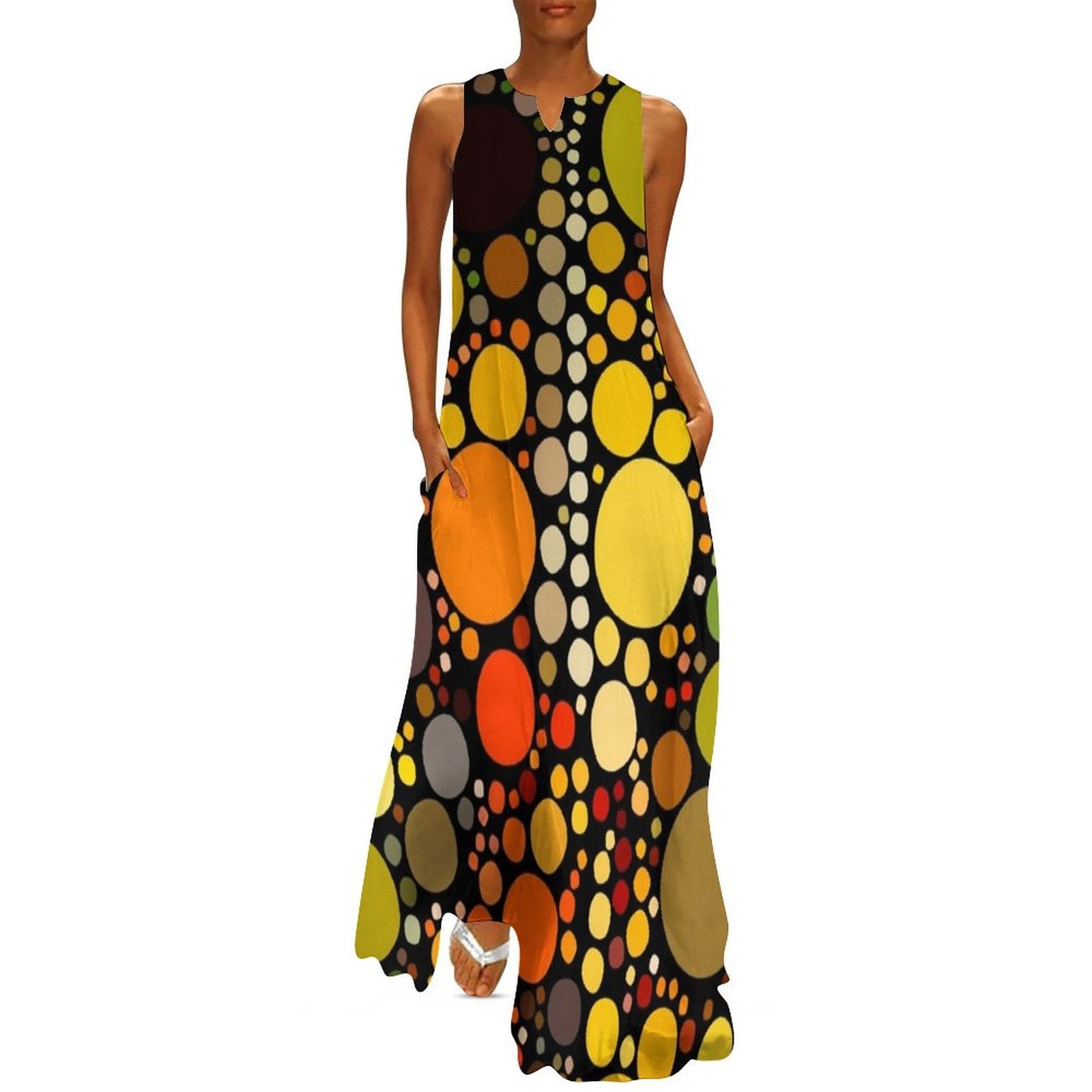 1980s brown gre orange circles mid ctury modern Long Dress summer wom's ...