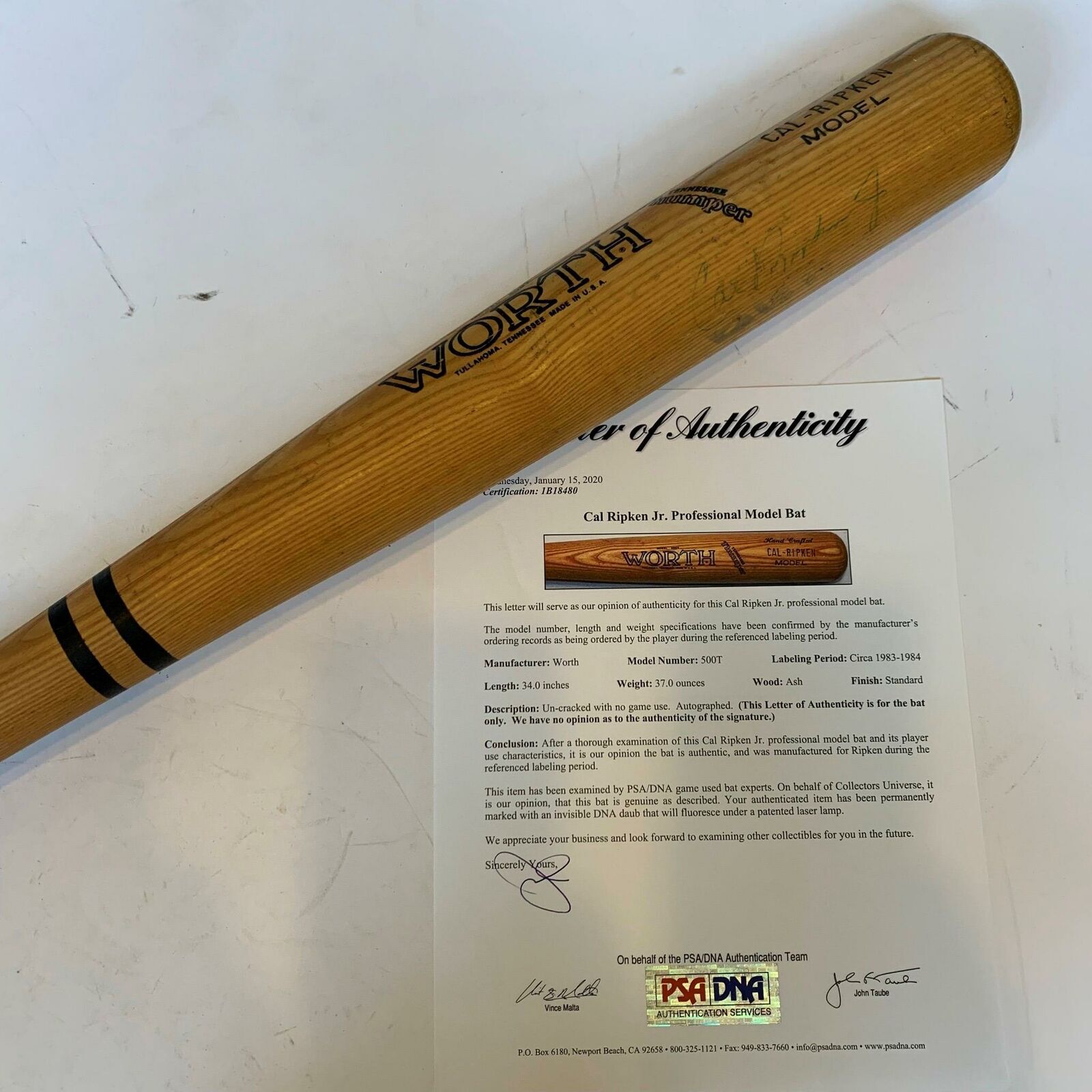 1983 Cal Ripken Jr. Early Career Signed Game Issued Worth Bat With PSA ...