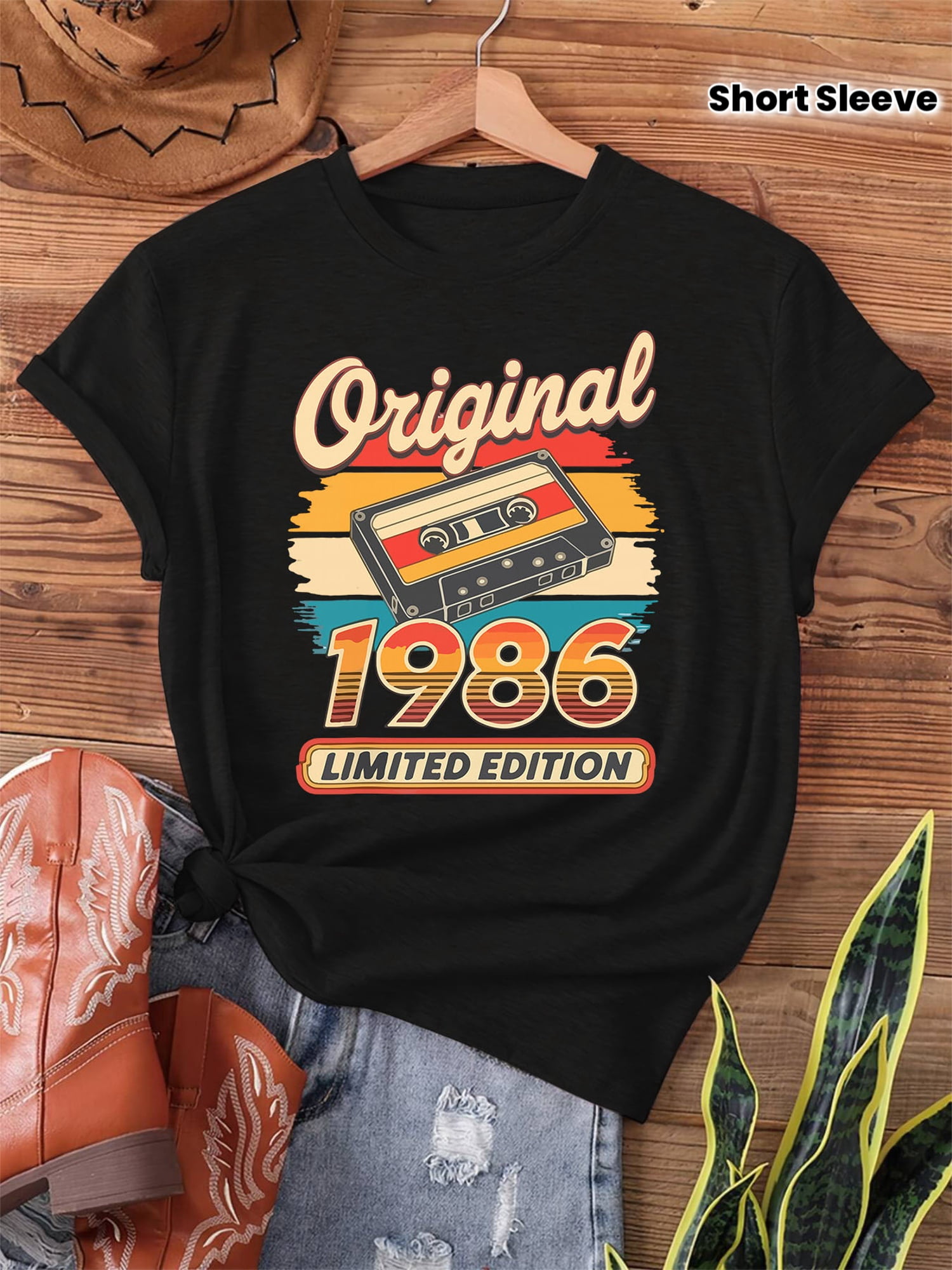 1986 40th Birthday Print T-shirt, Short Sleeve Crew Neck Casual Top for ...