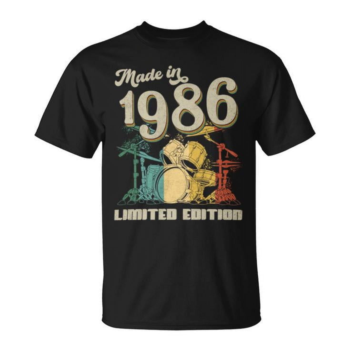 1986 Vintage Drum Set T-Shirt – Retro Musician Graphic Tee for Men ...