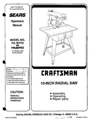 Instruction Manual ONLY for 1989 Craftsman 113.197110 10-inch Radial ...