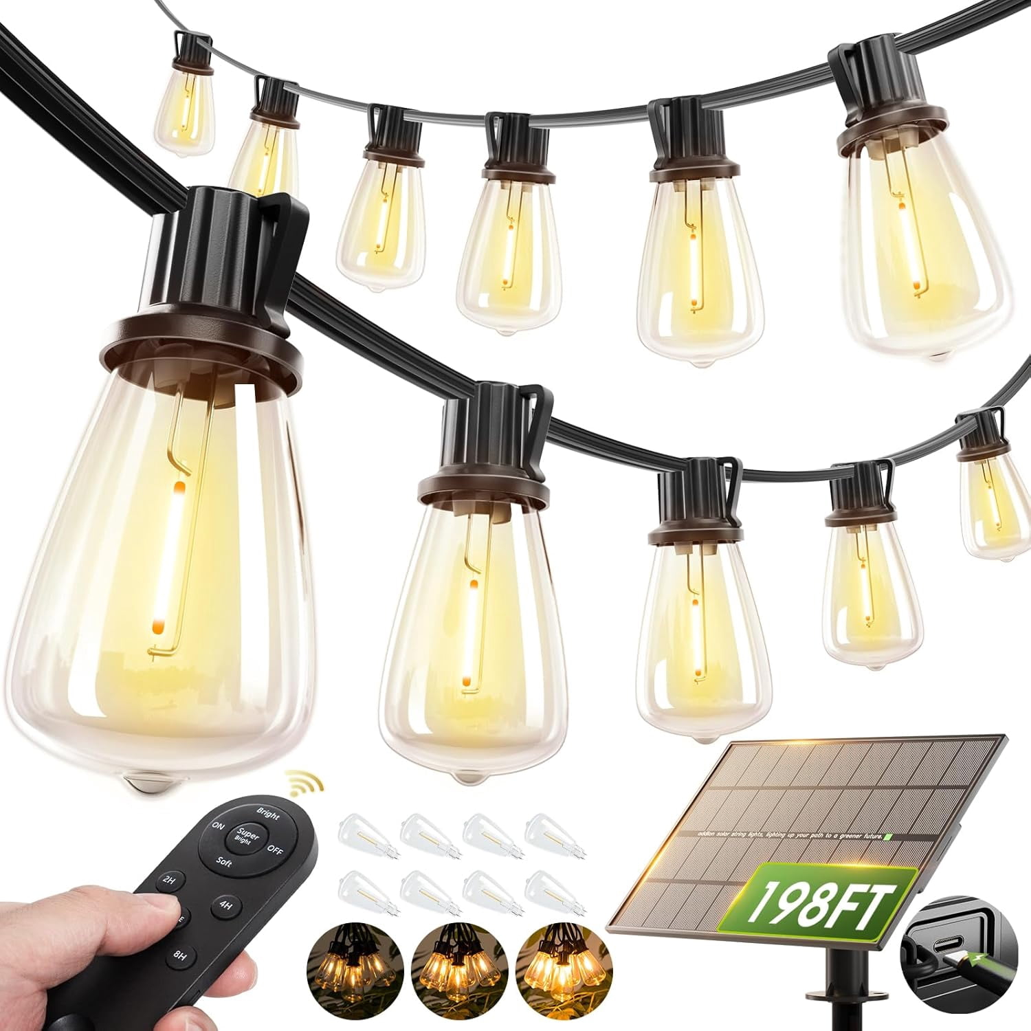 198FT(192+6) Solar String Lights Outdoor Waterproof, 60+4 LED Bulbs ...