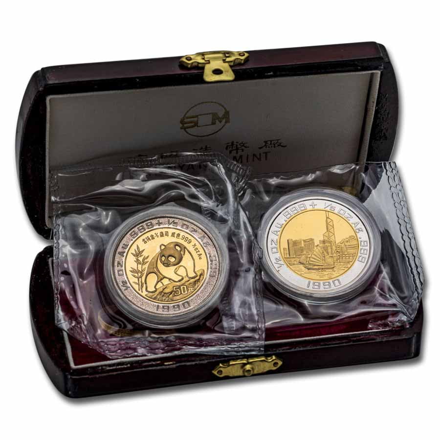 1990 China 2-Coin 1/2 oz Gold & 1/5 oz Ag Bi-Metallic Panda Set ...