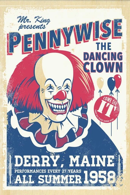 1990 Stephen King It Pennywise The Dancing Clown Derry Maine Poster ...