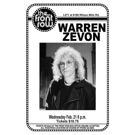 1990 WARREN ZEVON CONCERT POSTER WALL ART RE-PRINT in CLEVELAND OHIO 24 ...