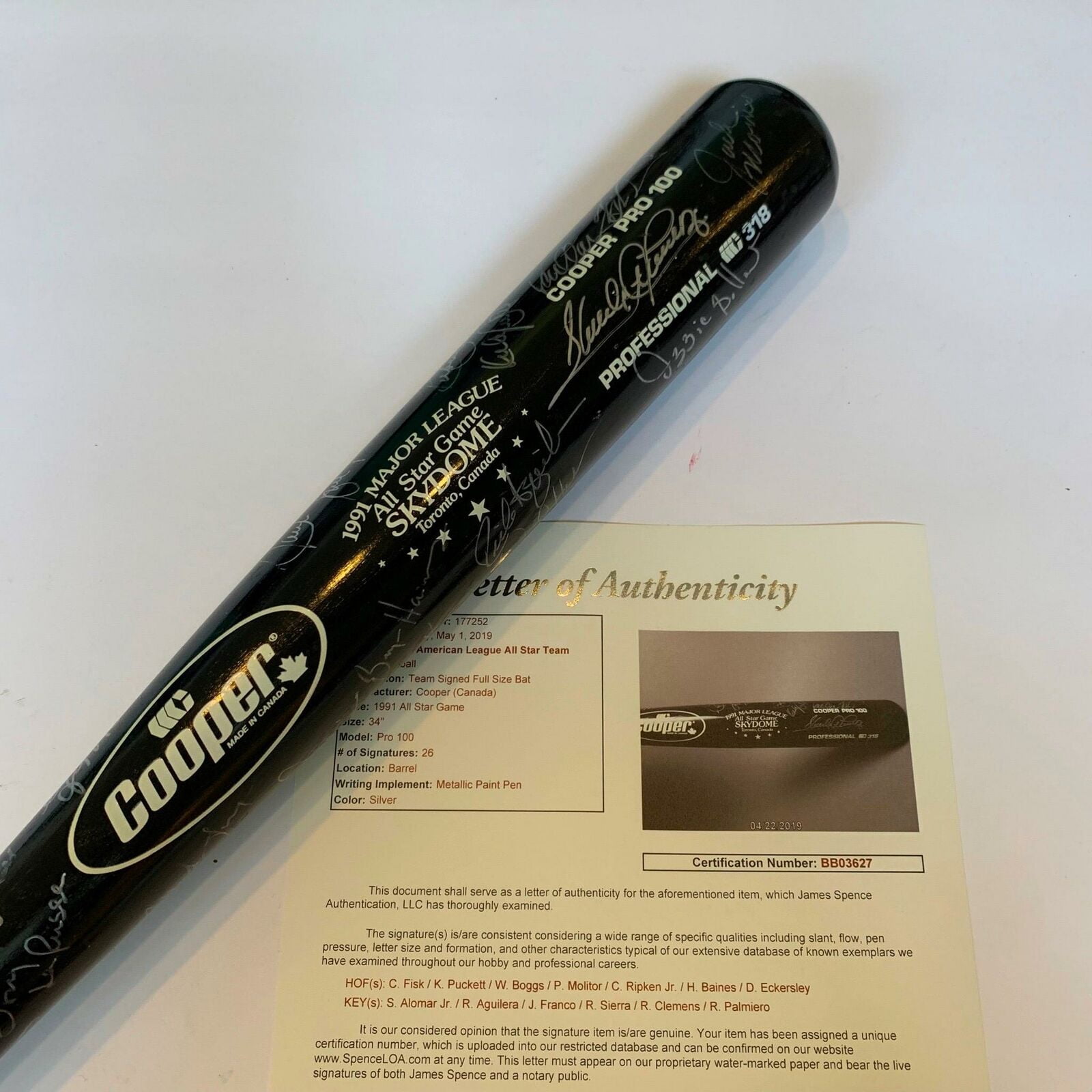 1991 All Star Game Team Signed Bat Kirby Puckett Cal Ripken Roger ...
