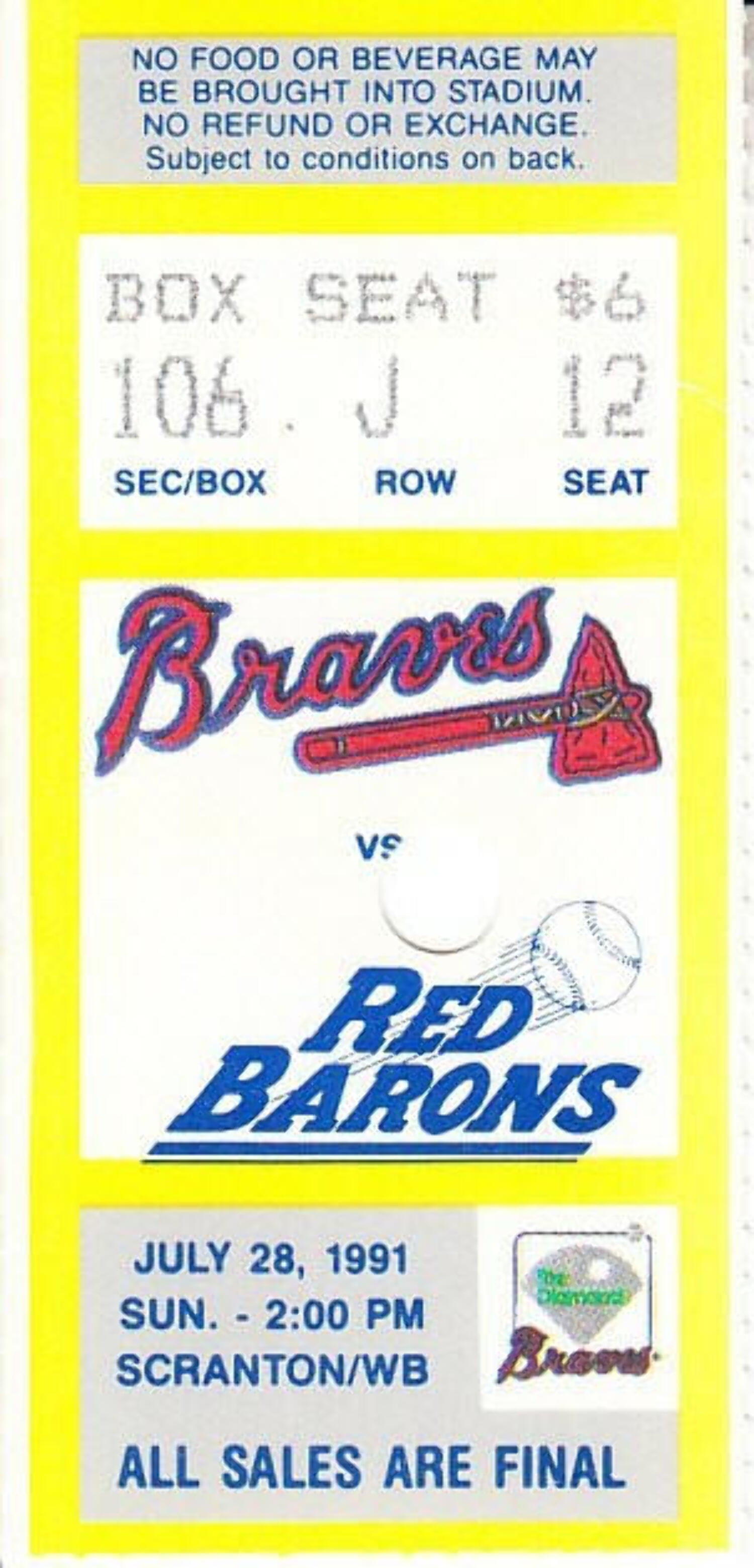1991 and 1992 Richmond Braves ticket stubs (Vinny Castilla Ryan Klesko ...