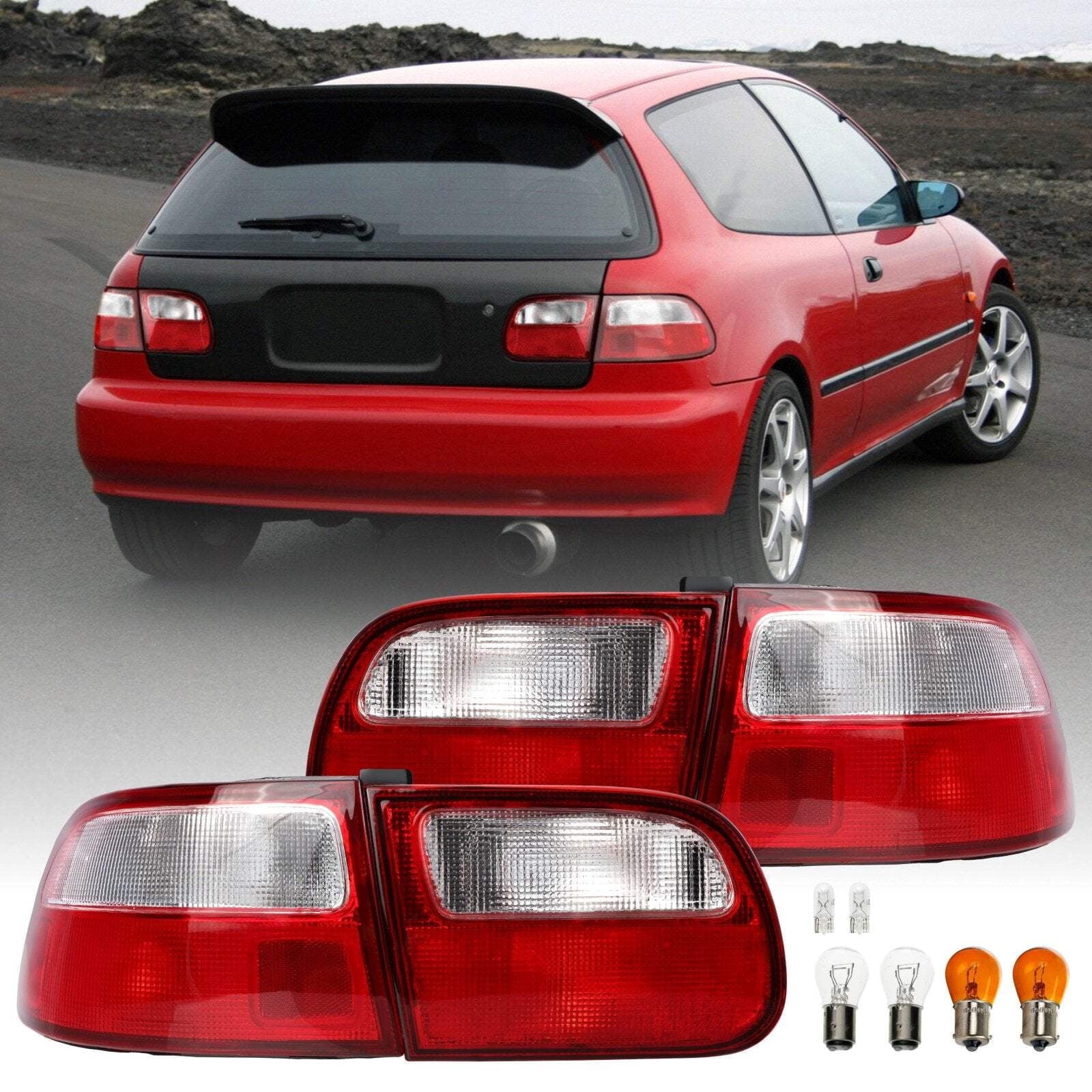 1992-1995 Honda Civic Hatchback EG 3 Door 4 Piece Red/Clear Lens Tail ...
