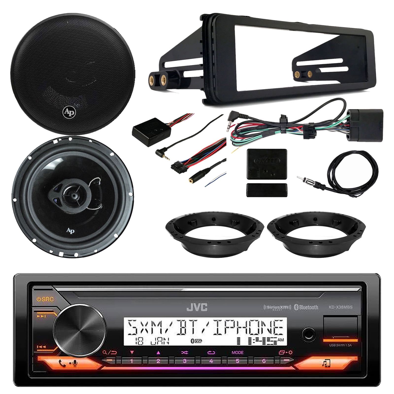 1998-2013 Harley - JVC KD-X38MBS Single DIN Marine Bluetooth AM/FM Receiver, 2x 6.5" Audiopipe ...