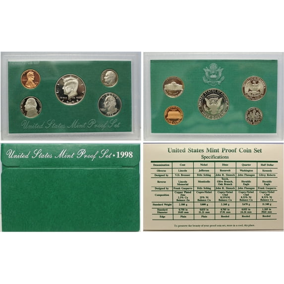 1998 Proof Set - U.S. Mint 5-Coin Set - Includes COA & OGP - Walmart.com