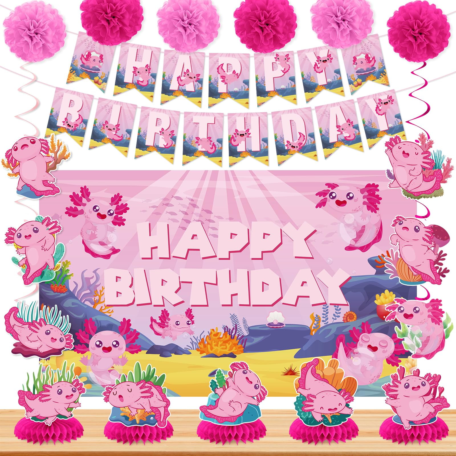 19Pcs Axolotl Birthday Decorations STF9 Pink Axolotl Party Supplies ...