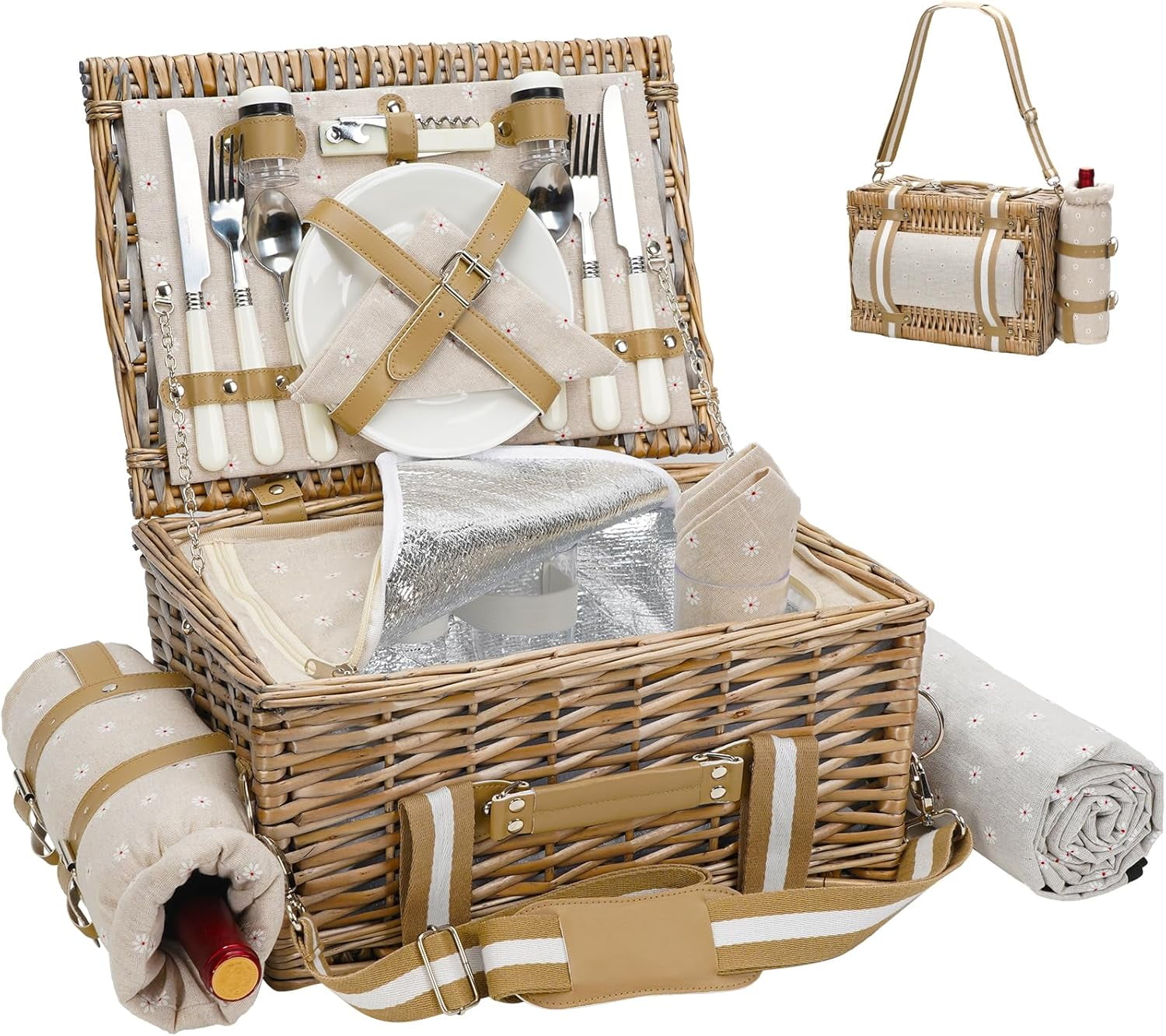 19Pcs Picnic Basket for 2 with Blanket - Wicker Picnic Basket with ...