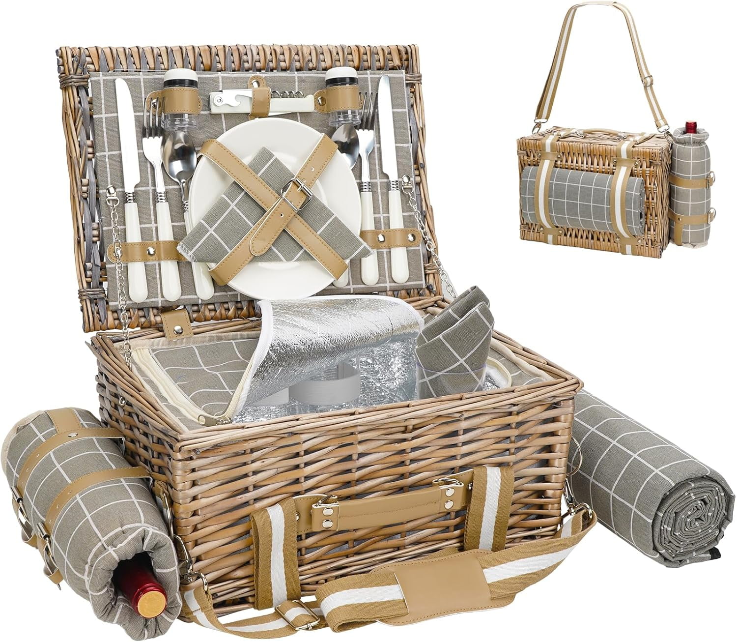 19Pcs Picnic Basket for 2 with Blanket - Wicker Picnic Basket with Strap&Wine Bag | Willow ...