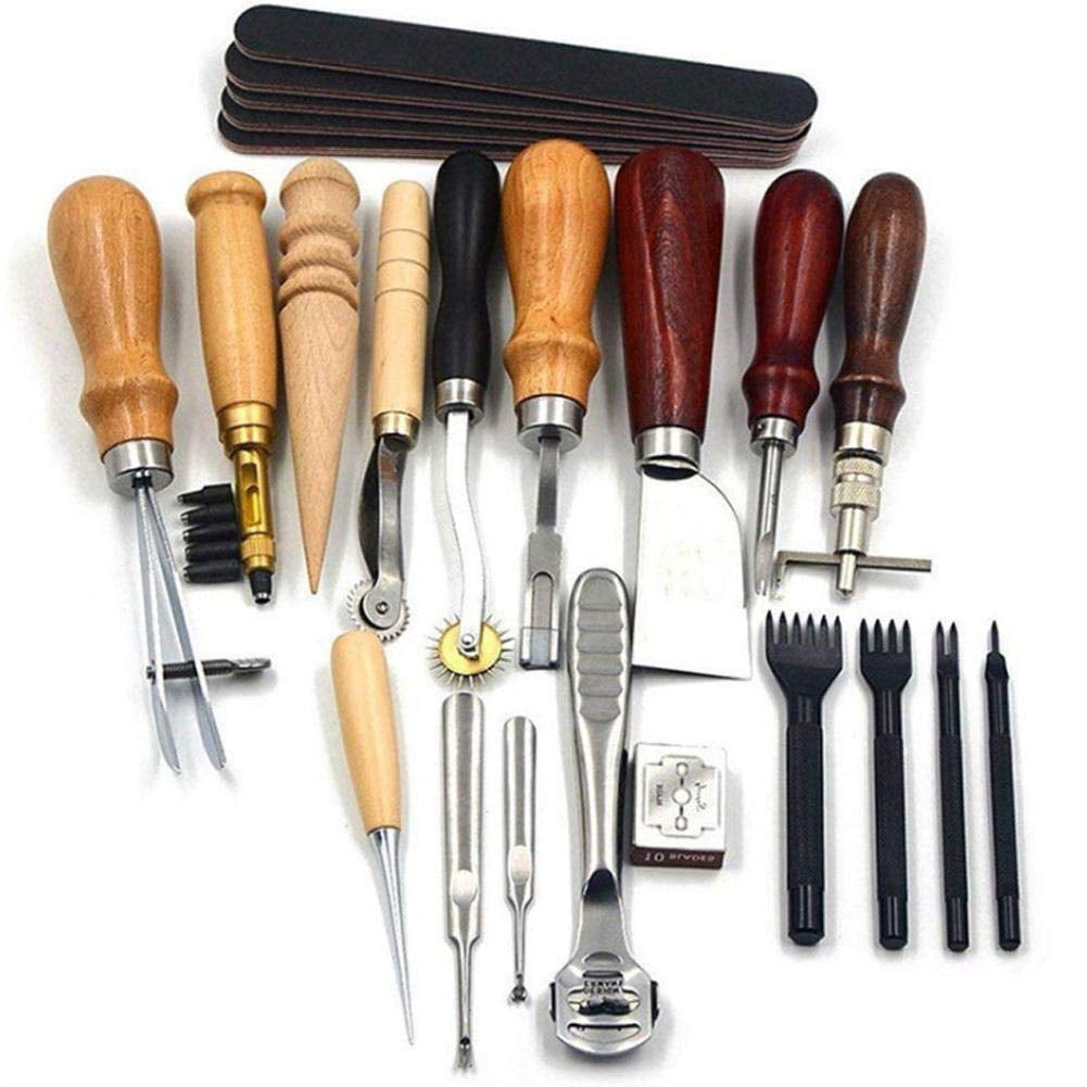 19Pcs/Set Leather Craft Punch Leathercraft Stitching Carving Tools with ...