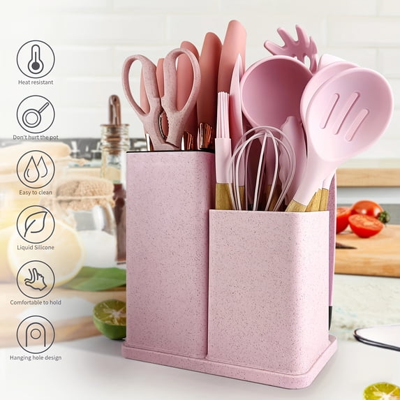19Pcs Silicone Kitchen Utensils Set with Wooden Handle, Heat Resistant ...