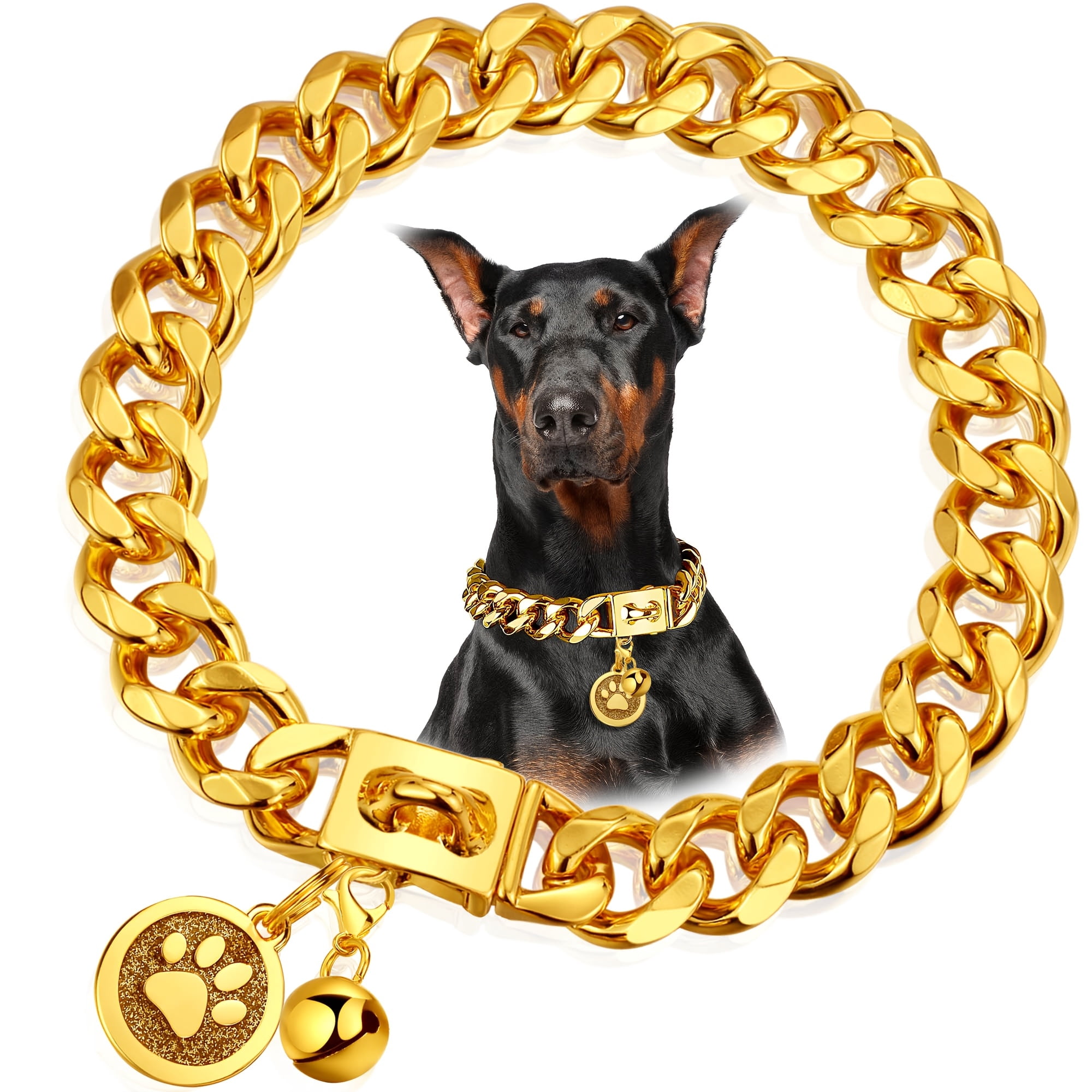 19mm Gold Plated Cuban Link Dog Chain Collar w/Snap Lock, Stainless ...