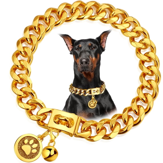 19mm Gold Plated Cuban Link Dog Chain Collar w/Snap Lock, Stainless ...